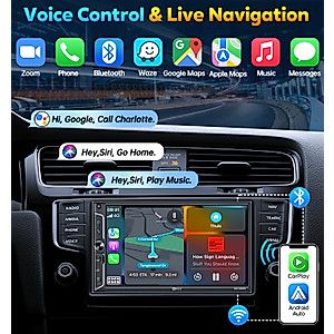 PLZ 7" Wireless Double Din Car Stereo Apple Car Play Radio Carplay Android Auto QLED Touch Screen, Bluetooth 5.3 Audio Receivers, 1080P Backup Camera, 4.2 Channel Outputs 240W, 2 Subwoofer, FM/AM, SWC