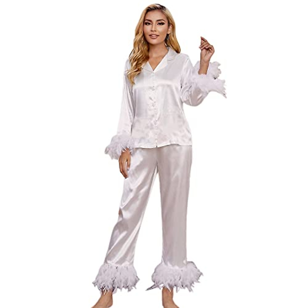 Comfy Pajama Sets for Women Silk Satin Pajamas Loungewear Solid Color Button-Down Casual Lounge Sleep Set V Neck Set White