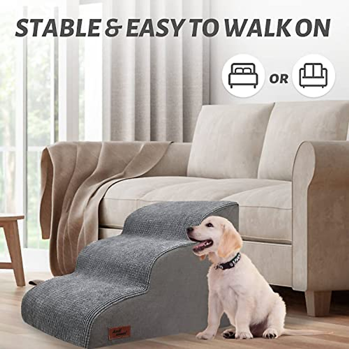 3 Tiers Dog Ramp and Stairs for Beds Or Couches - Non-Slip Sturdy Pet Steps - for Small Dogs to get on High Bed