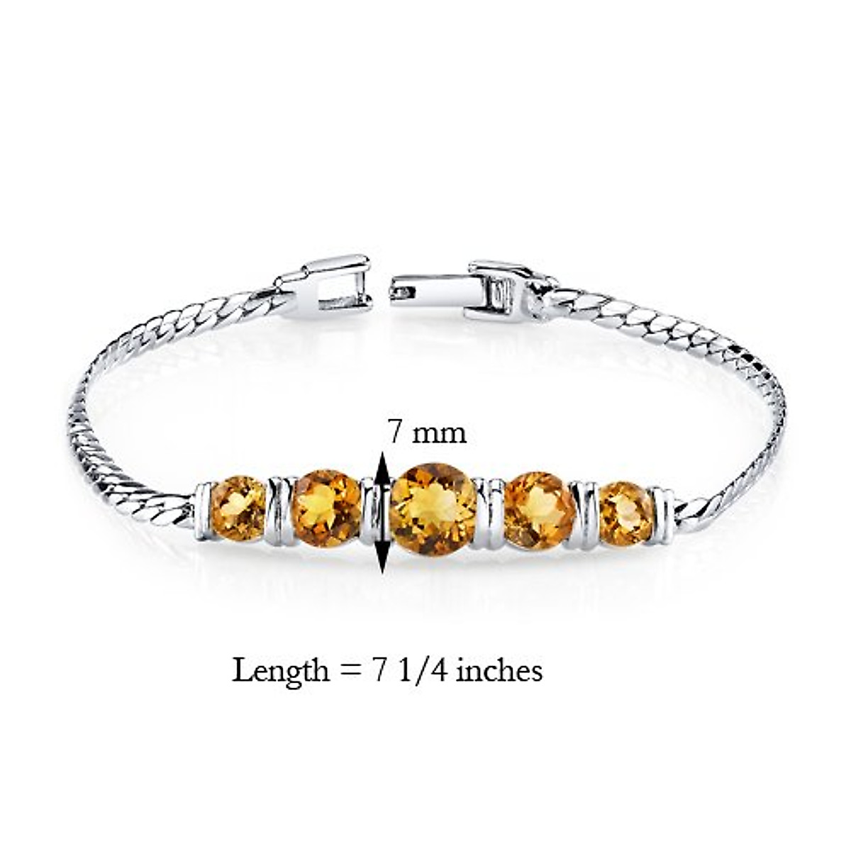 PEORA Citrine 5-Stone Bracelet for Women 925 Sterling Silver, Natural Gemstone Birthstone, 3.75 Carats total Round Shape, 7 1/4 inch length