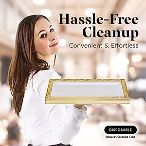 Disposable Serving Trays and Platters Set, Pack of 4 - 7.5 x 14 Inches White Plastic Rectangular Tray with Gold Lace Rim - Decorative Plastic Dessert Trays for Dessert Table, Parties, Weddings