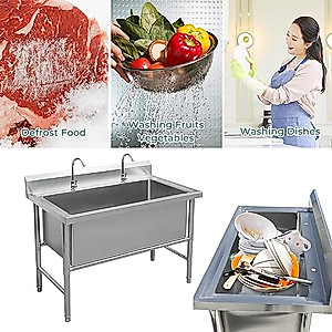 Utility Sink Outdoor Sink, Freestanding Stainless Steel Sink, Large Single Bowl Sink, Commercial Restaurant Kitchen Sink w/Faucet, Easy to Assemble, for Laundry, Garden, Garage ( Size : 60x60x80cm )