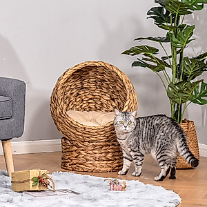 PawHut Handwoven Elevated Cat Bed with Soft Cushion & Cat Egg Chair Shape, Cat Basket Bed Kitty House with Stand, Raised Wicker Cat Bed for Indoor Cats, 23.5" H, Brown