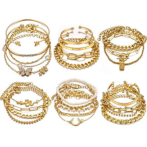 17IF 25 Pcs (6 Pack) Gold Chain Bracelets Set for Women Boho Punk Stackable Y2K Multipack Layered Bangles Pack Adjustable Cuff Italian Cuban Anklet Charm Chunky Bracelet Bundle Jewelry