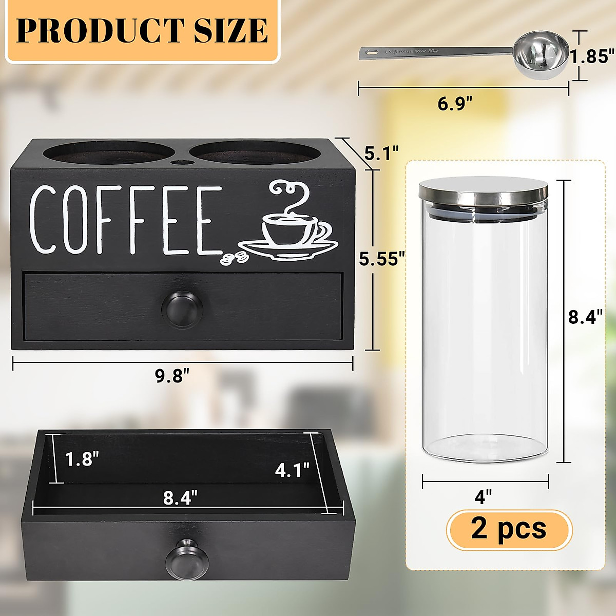 Glass Coffee Containers with Shelf, Coffee Bean Storage Container with Airtight Lids, Coffee Container for Ground Coffee, Coffee Bar Accessories Organizer with Drawer, Food Storage Jars for Kitchen