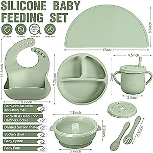 16 Pack Baby Feeding Supplies Set, Silicone Baby Led Weaning Suction Plates and Bowls Silicone Bibs Anti Slip Placemat Baby Spoons Forks Snack Cups, Toddler Eating Utensil Set (Green, Light Gray)