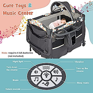 HONEY JOY Pack and Play with Bassinet, 4-in-1 Portable Baby Playard with Changing Table, Hanging Toys, Diaper Storage Bag, Music Box, Wheels with Brake, Foldable Newborn Play Yard w/Carry Bag (Yellow)