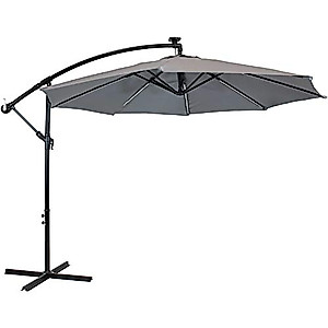 Sunnydaze 10-Foot Cantilever Umbrella with Solar LED Lights - Polyester Shade/Steel Pole - Air Vent and Cross Base - Smoke