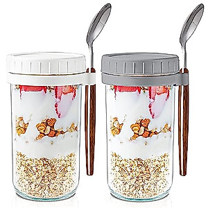 YehTrum Overnight Oats Containers with Lids and Spoon, 2 Packs 22 oz Glass Mason Jars for Overnight Oats, Large Capacity Oatmeal Container Mason Overnight Oats Jars for Milk, Cereal, Fruit