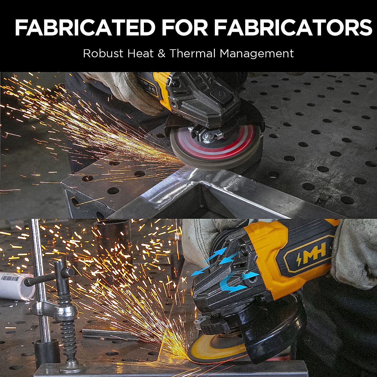 MOTORHEAD 20V ULTRA 4-1/2" inch Cordless Angle Grinder, Lithium-Ion, 10000RPM, 3 Position Handle, Paddle Switch, 2Ah Battery, (3) Cutting, Grinding & Polishing Wheels, USA-Based (MH-03-AG-B1-0-2)