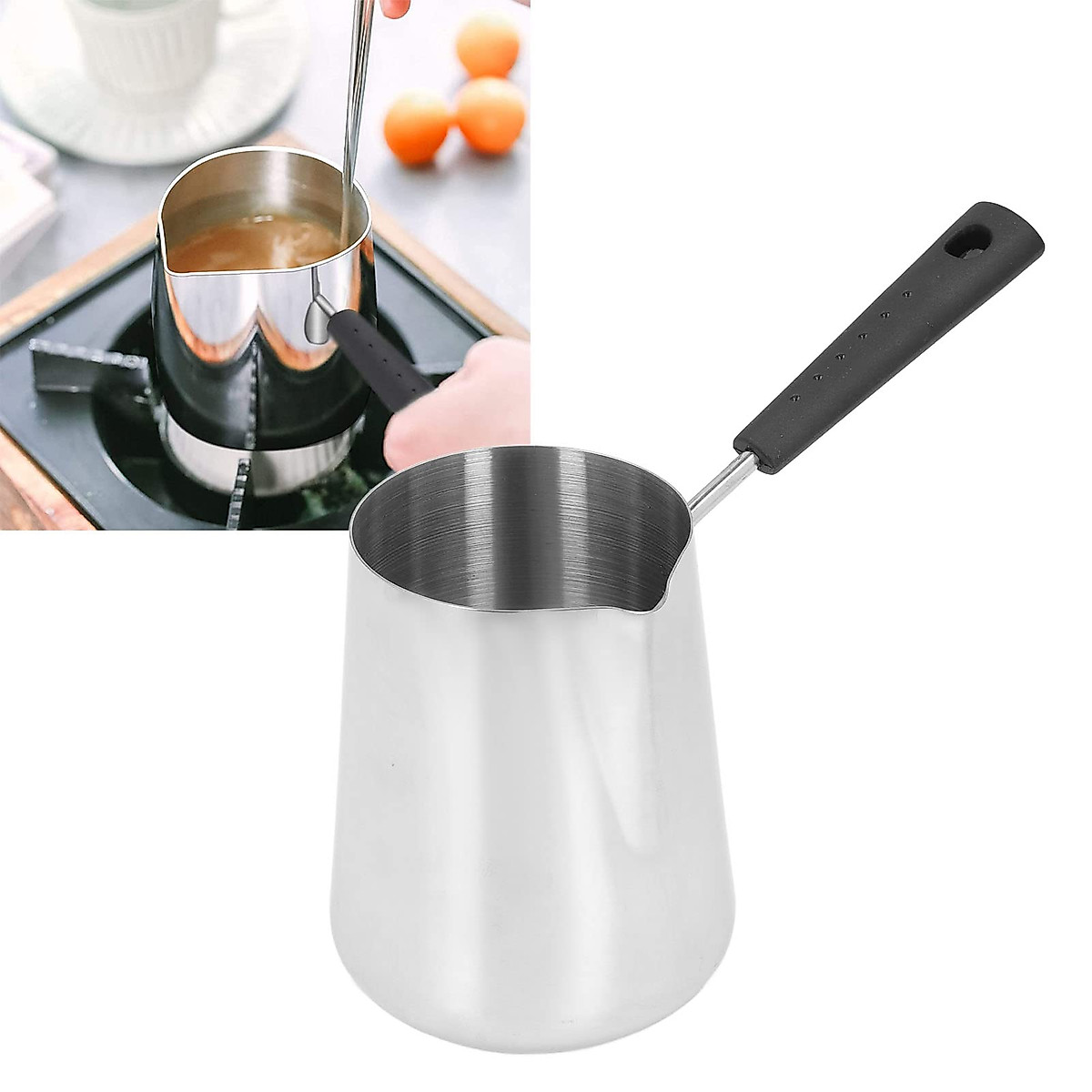 plplaaoo Turkish Coffee Pot,Milk Pot, Small Sauce Pan,Milk Warmer,Butter Warmer, Mini Stainless Steel Coffee Heating Melting Pot 900ml with Spout for Home Coffee Shop, Turkish Pot Coffee Butter w