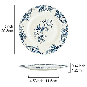 fanquare 8" Bone China Dessert Plates Set of 4, European Blue Floral Pasta Bowls Set, Porcelain Salad Plates for Soup, Microwavable Plates