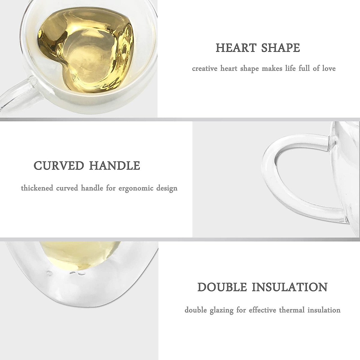 Asng Heat resistant creative double layer heart cup cup clear glass milk cup tea milk cup cup coffee cup (240ML/8oz)