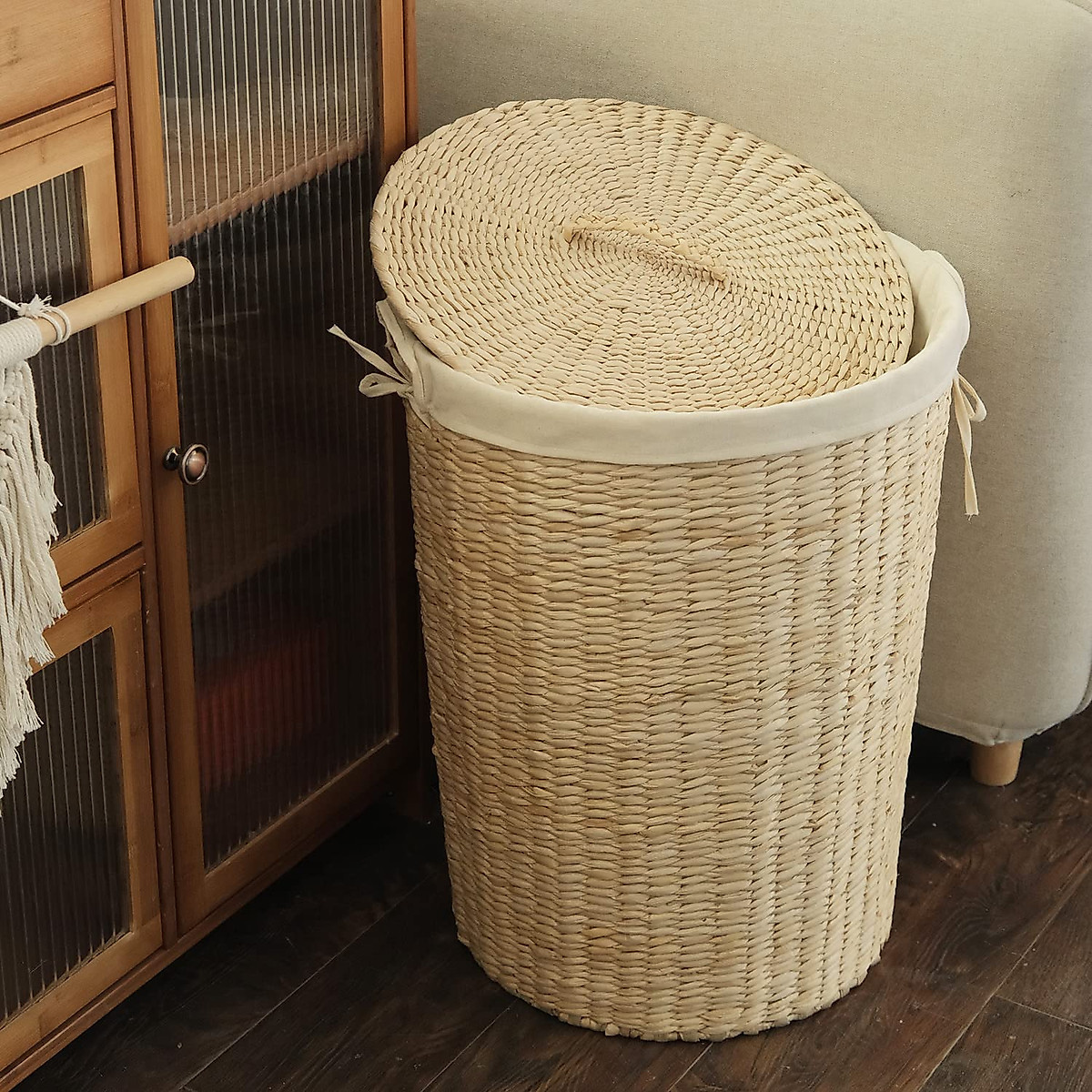 Handmade Wicker Laundry Basket with Lid,Hand-woven Laundry Hamper with Removable Liner,Large Laundry Basket with Ample Laundry Space