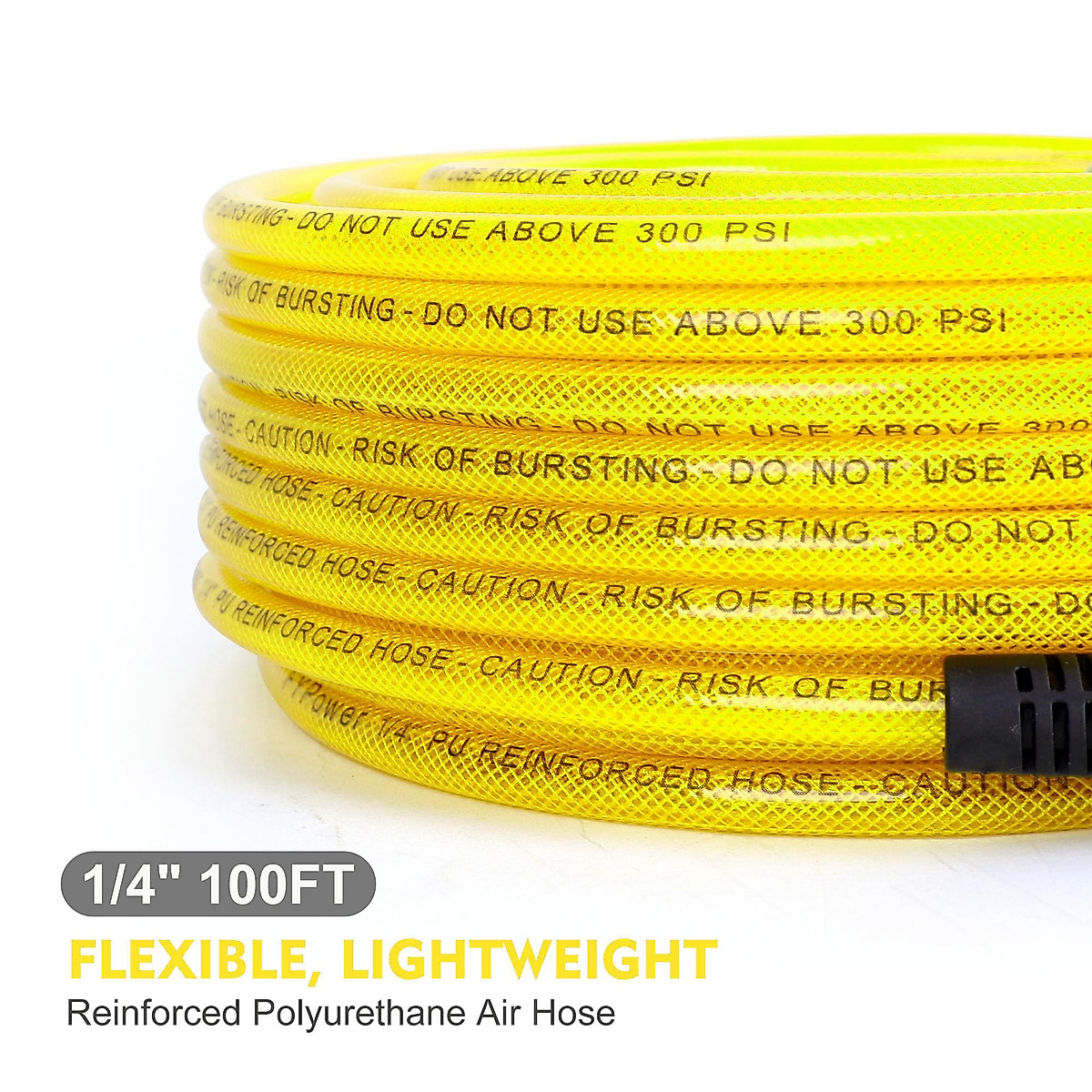 FYPower Air Compressor Hose 1/4 Inch x 100 Feet Reinforced Polyurethane (PU) Air Hose with Fittings, Bend Restrictors, 1/4" Industrial Quick Coupler and Plug Kit, Yellow