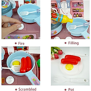 Kitchen Toys Imitated Chef Light Music Pretend Cooking Food Play Set Children Girl Toy Gift Fun Game Toy Kitchen Sink with Running Water and Electronic Induction Stove (blue kitchen and more food)