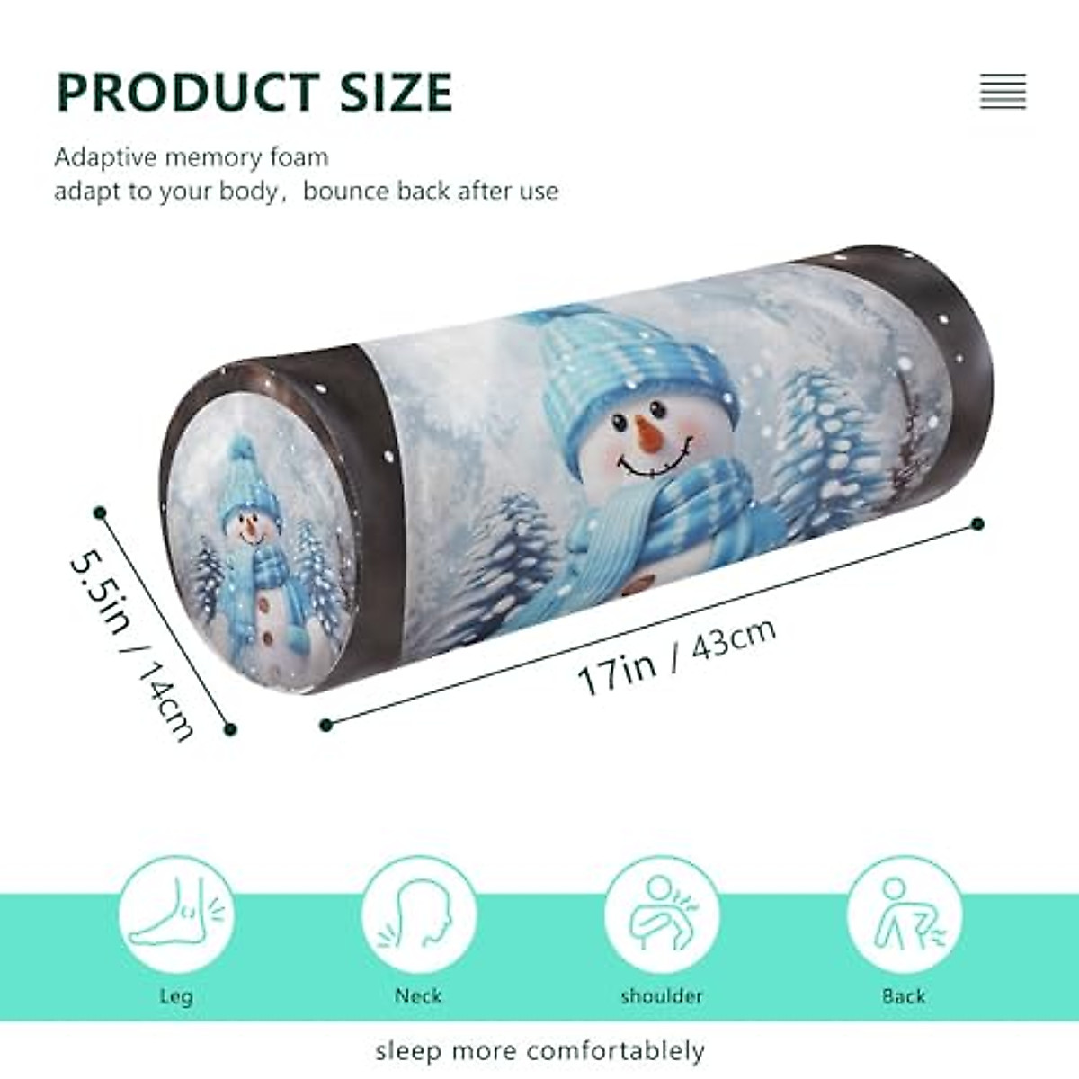 xigua Snowman Neck Roll Pillow for Neck Relief with Removable Washable Cover - Memory Foam Round Cylinder Bolster, Ergonomically Designed for Head, Neck, Back, and Legs
