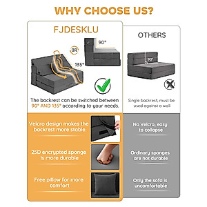 Fjdesklu Folding Couch Sofa Bed - Comfortable Sleeper Chair with Stable Back Support, Pocket and Throw Pillow, Durable Fabric & Portable Design for Napping, Yoga, Reading, and Relaxation - Grey
