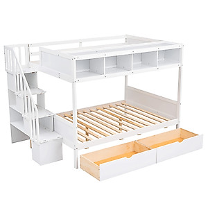 Harper & Bright Designs Twin Over Full Bunk Bed with Storage Staircase and 2 Drawers,Wood Bunk Bed Frame with 4 Storage Shelves for Kids Boys Girls Teens, No Box Spring Need,White