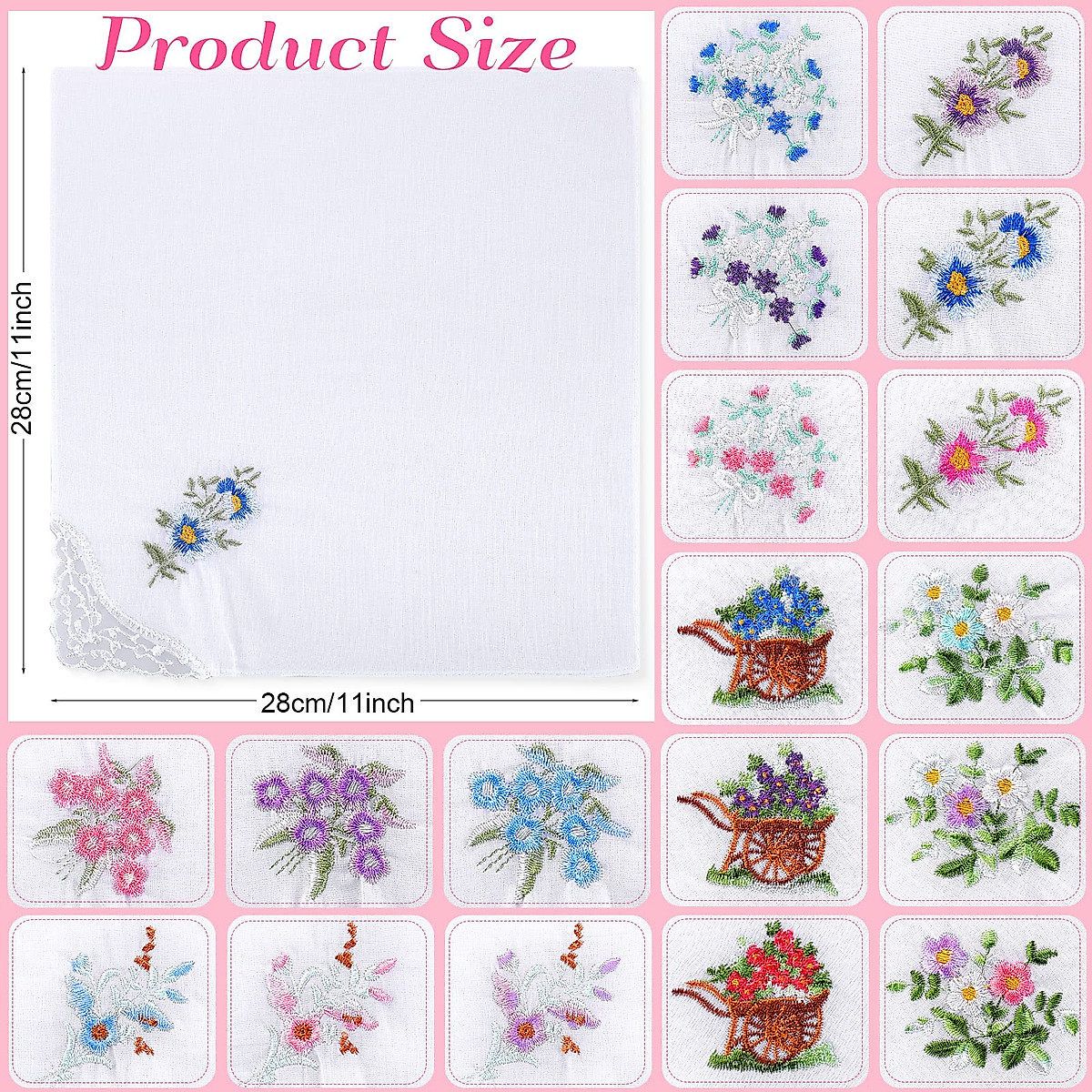 36 Pieces Women Floral Handkerchiefs Embroidered Flower Handkerchief with Lace Cotton Hankies Bulk Ladies Hankies for Women