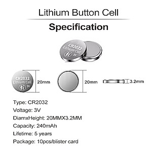 PGSONIC CR2032 3V Lithium Battery (10pcs), Compatible with AirTag, Key Fobs, Smart Sensors, Scales, Candles and More