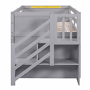 AVGVLIJ Twin Size Low Loft Bed with Storage, Modern Farmhouse Style Wood Bed for Kids, Includes Game House, Drawers, Bookshelf Staircase (Grey, Twin)
