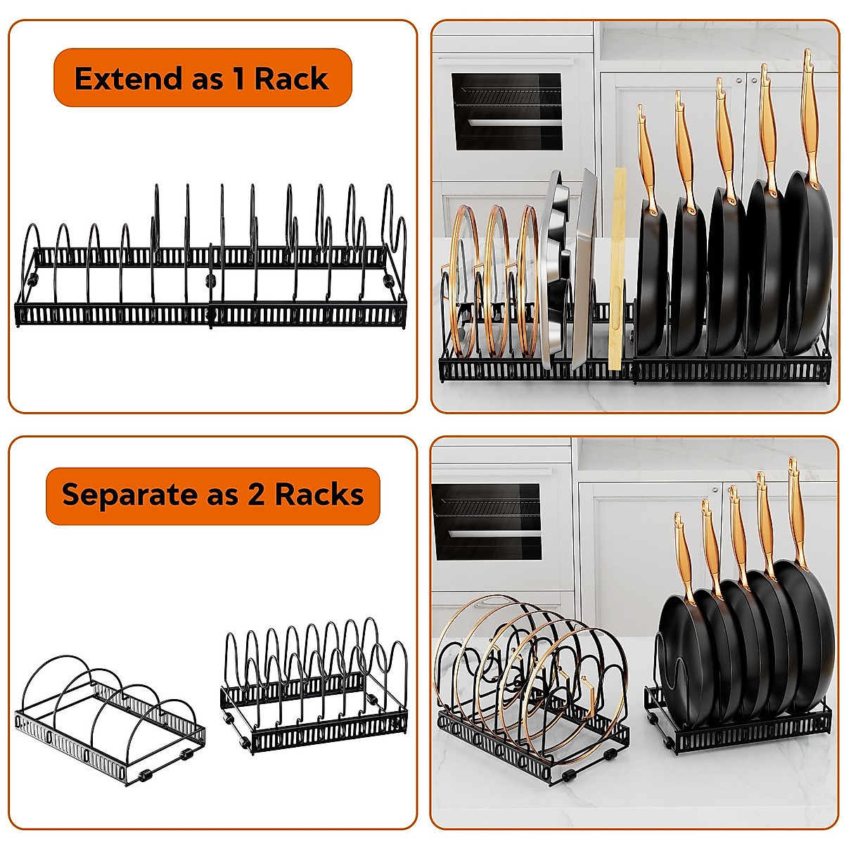 VELKPRO Pots and Pans Organizer Rack for Under Cabinet-Adjustable Kitchen Cabinet Holder-Ideal for Pot Lids, Cutting Boards, Cast-Iron Pans, and Heavy Cookware Storage