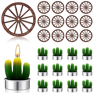 Junkin 24 Pcs Western Theme Party Decorations Birthday Table Centerpieces Mini Cactus Candles Horseshoes Wagon Wheels Horse Rodeo Decor for Crafts Wedding Party Favor (Cactus Candles, Wagon Wheels)