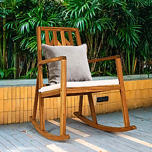 RELAX4LIFE Wooden Rocking Chair Outdoor - Oversized Patio Rocker w/High Backrest, Long Armrest, Removable Soft Cushion, Porch Rocking Chair for Backyard, Garden, Patio Rocking Chair (1, White)
