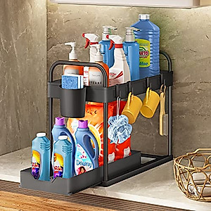 PXRACK 2-Tier Under Sink Organizer, Sliding Under Bathroom Cabinet Storage Drawer Basket Organizer Rack with Hooks, Hanging Cup, Handles, Under Sink Shelf Organizer for Bathroom, Kitchen