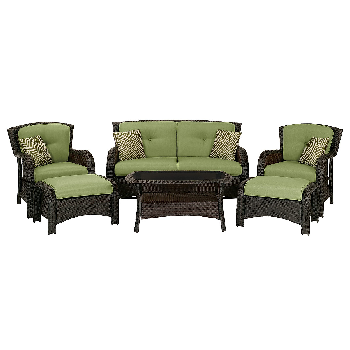 Cambridge Corrolla 6-Piece Outdoor Conversation Set, Modern Luxury Furniture for Patio, Deck, Sunroom, Loveseat, Coffee Table, 2 Chairs, 2 Ottomans, Plush Green Cushions, Patio Furniture Set