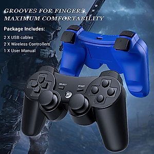 OKHAHA Controller 2 Pack for PS3 Wireless Controller for Sony Playstation 3, Double Shock 3, Bluetooth, Rechargeable, Motion Sensor, Remote for PS3 (No Stripes(Black + Blue))