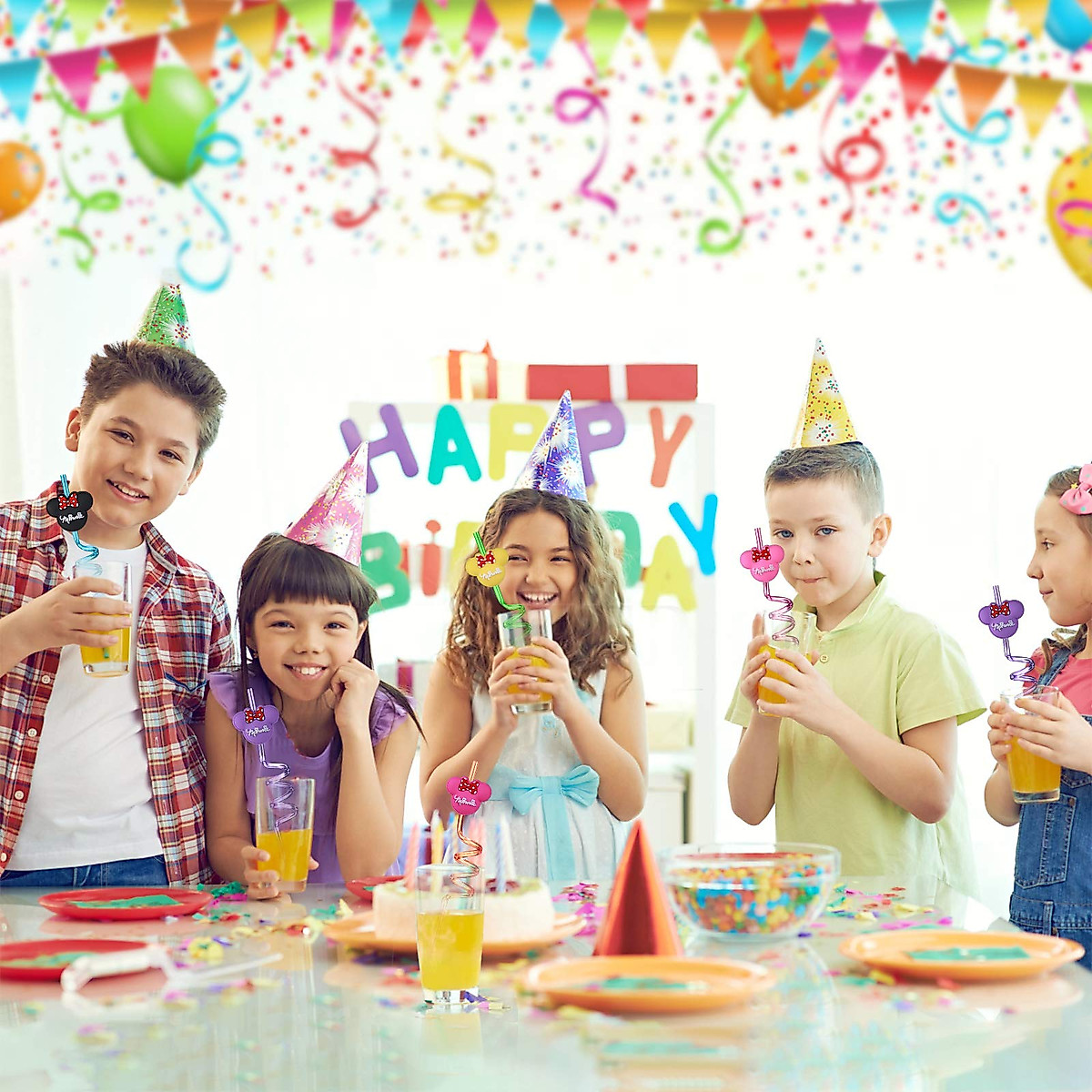 25 Mouse Ear Straws with 2 Cleaning Brush 5 Designs Great for Minnie Theme Birthday as Party Favors and Party Supplies