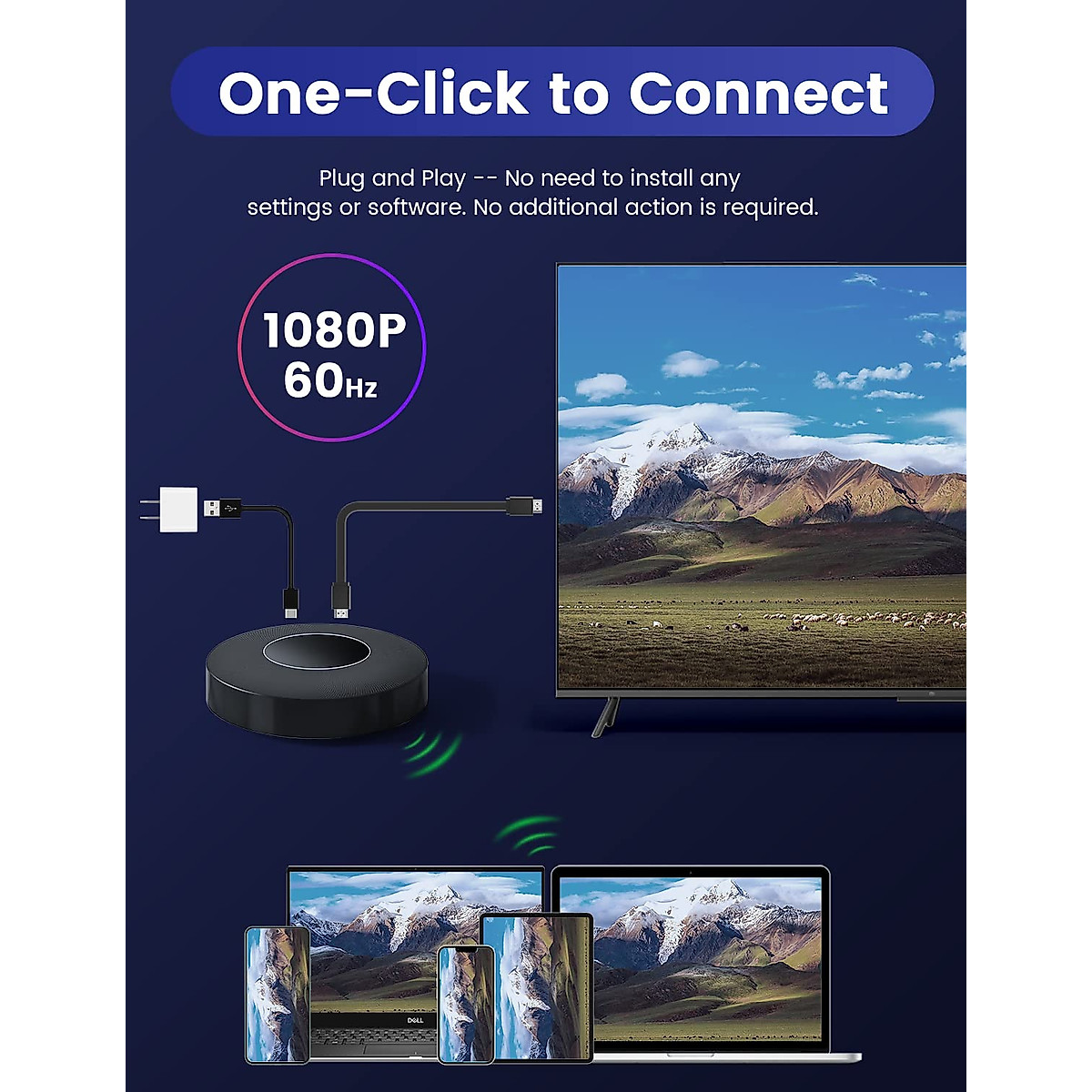NAMCIM Wireless HDMI Display Dongle Adapter, Laptop/Pad/Phone to HDMI Adapter, NO Setup, NO APP Required, No Delay, Streaming Video/Audio from PC, Smartphone to HDTV Projector