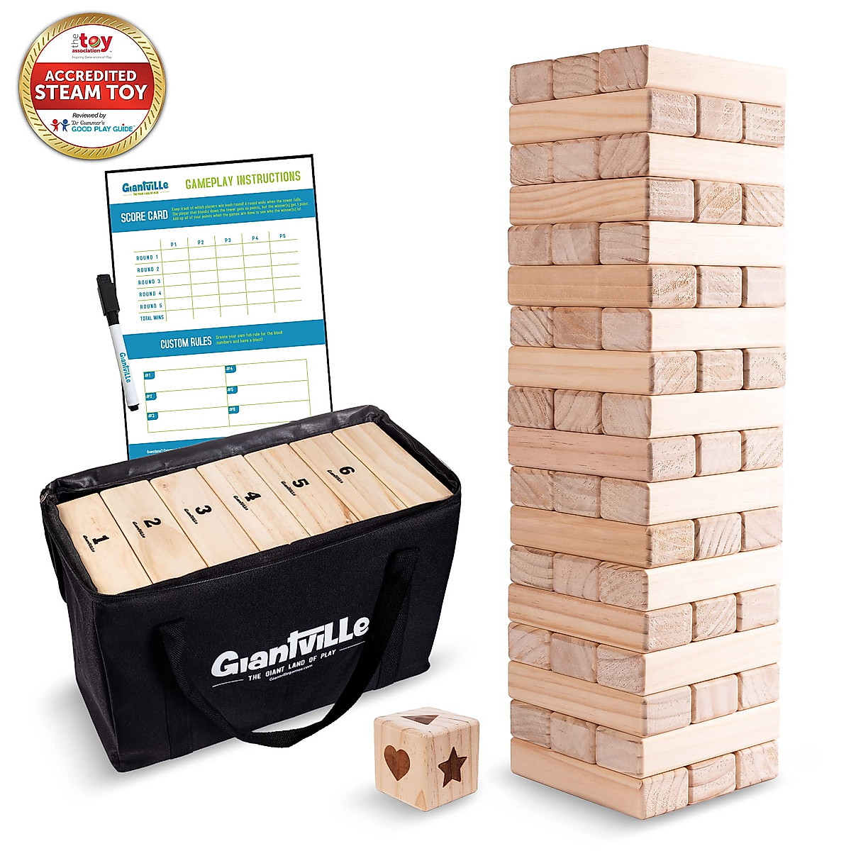 Giantville Giant Tumbling Timber Toy - Premium Pine Wood Life-Size Blocks Tower - Big Floor/Board Indoor/Outdoor Yard Game for Kids & Adults - 54-Pieces + Dice + Carry Bag - Grows to Almost 4-Feet