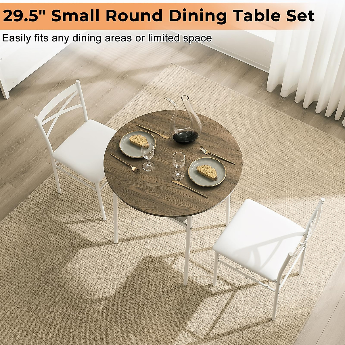 VINGLI 3 Piece Round Dining Set,29.5" Small Dining Table Set for 2,Round Kitchen Table with 2 Chairs Set for Small Space/Dining Room/Apartment,Upholstered Chairs,Metal Frame,Storage Shelf (White)