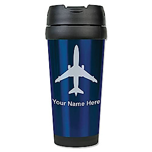 LaserGram 16oz Coffee Travel Mug, Jet Airplane, Personalized Engraving Included (Dark Blue)