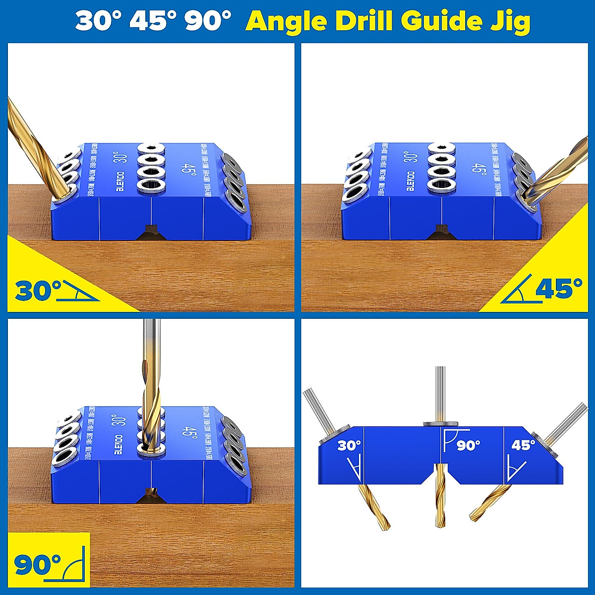 BLEKOO Blue Angled Drill Guide Jig with 4 Bits for Wood Posts & Cable Railing Lag Screw Kit, Durable All Metal Drill Jig for Drilling 30°, 45°, 90° Degree Angle Holes