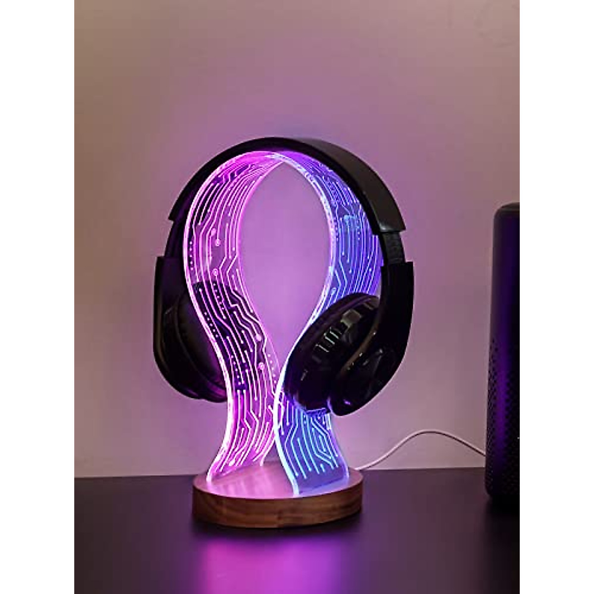 YuanDian Headphone Stand, Walnut Wood Headset Holder with Blue Pink LED Night Light for Gamers, Men, and Music Lovers - Perfect Desk Gift Idea