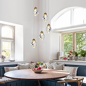 KOKAiZeeKi Dimmable Brass Gold Crystal Pendant Light - Modern 5-Light Diamond Chandelier for Kitchen Island, Dining Room, Hallway, and Bathroom