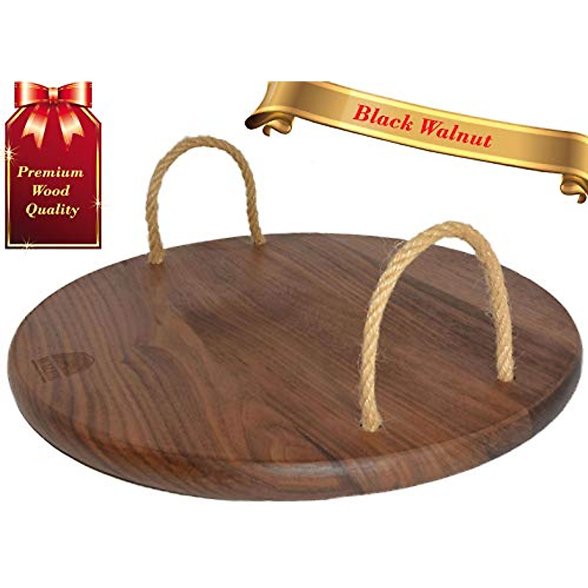 WALUX Organic Black Walnut Wood Cheese Board with Handle (14"), Charcuterie Platter & Serving Tray for Wine, Crackers, Brie and Meat. Rustic Black Walnut Serving Board, Round Cheese Board