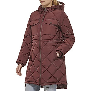 Levi's Women's Soft Sherpa Lined Diamond Quilted Long Parka Jacket (Standard & Plus Sizes), Merlot, Medium
