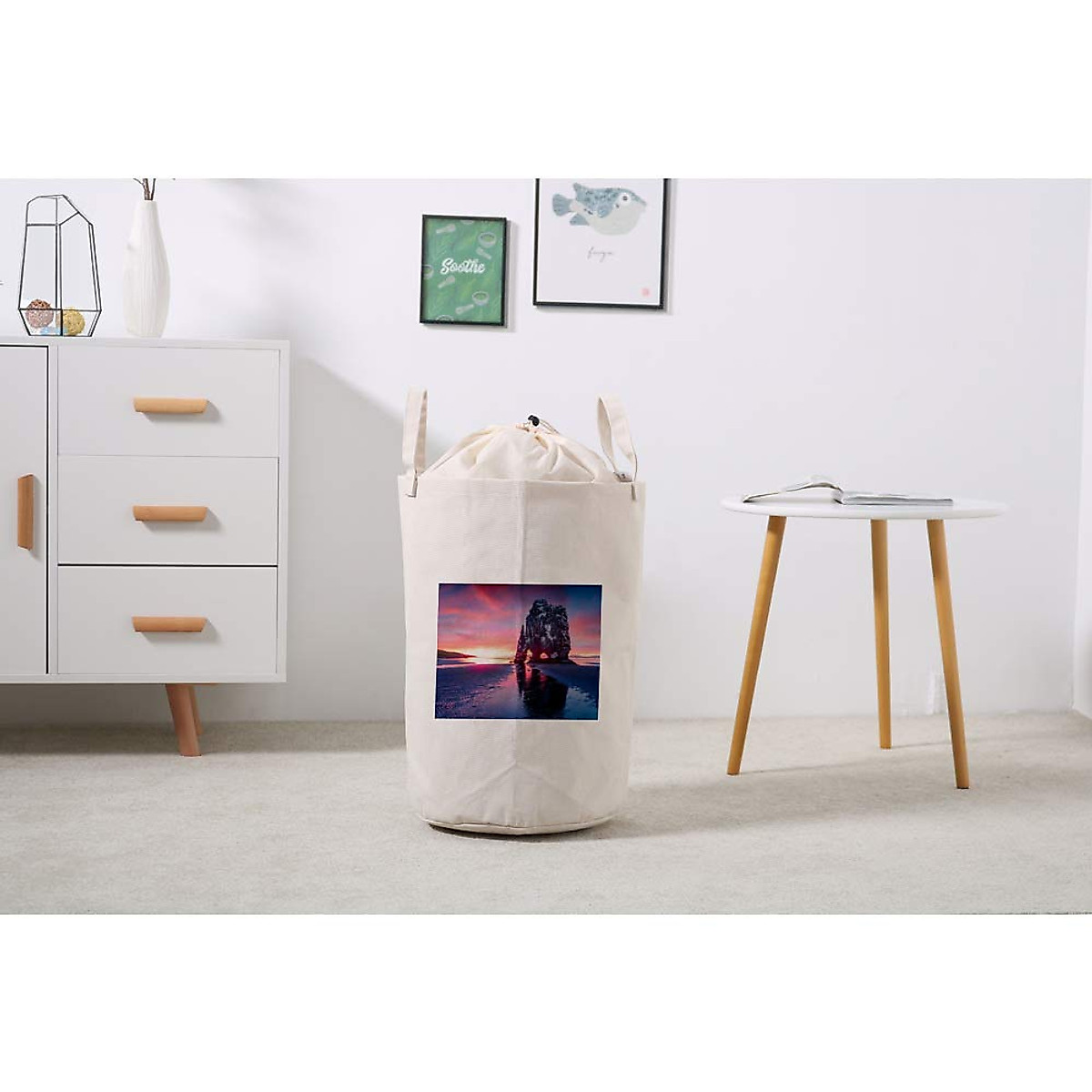 ZHIMI Laundry Hamper Large Basket 13inch Waterproof Coating Cylindrical ﻿Huge Basalt Stack Clothes Storage Bucket Pouch Foldable with Drawstring Closure Organizer White