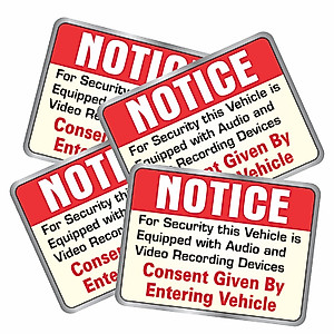 Notice Vehicle is Equipped with Audio and Video Recording Devices Consent by Entering Sticker - (Pack of 20) 4"x3" Large CCTV Surveillance Warning Sign Laminated Vinyl Decal