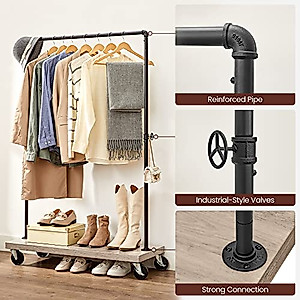VASAGLE Clothes Rack, Heavy-Duty Clothing Rack, Industrial Pipe Style Rolling Garment Rack with Shelf, for Bedroom, Laundry Room, Retail Store, Greige and Black UHSR065B02