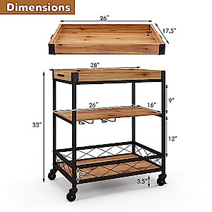 IFANNY Bar Cart, 3 Tier Rolling Cart with Removable Tray and Glass Holder, Wood Coffee Cart on Wheels, Small Kitchen Storage Islands & Carts, Serving Cart for Dining Room, Restaurant, Hotel