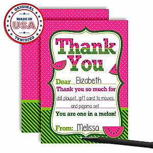 Pink Watermelon Sweet Celebration Birthday Thank You Notes, Ten 4" x 5.5" Fill In The Blank Cards with 10 White Envelopes by AmandaCreation