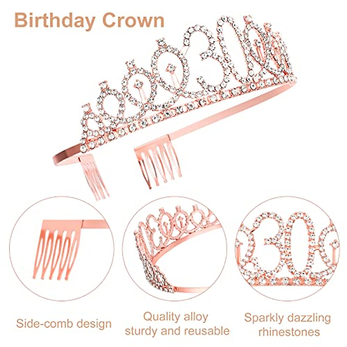 Chenkaiyang 30th Birthday Decorations, Birthday Crown and Sash for Girls Rhinestone Tiara Set Rose Gold Party Decors Including Candles, Cake Toppers and Balloons 30th Birthday Gifts for Girls
