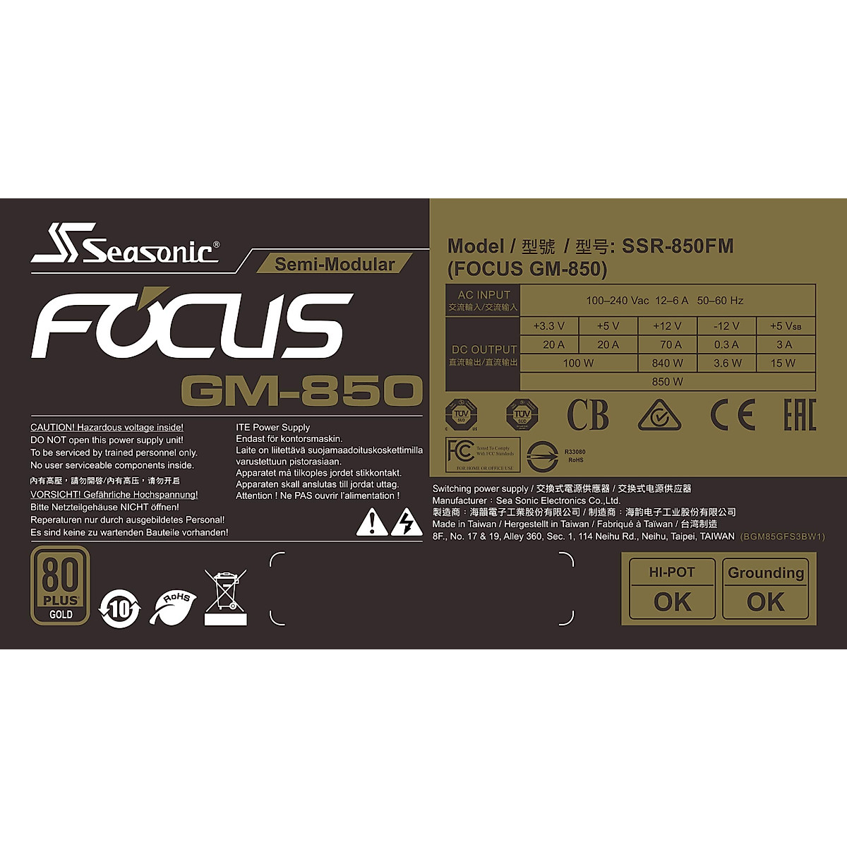 Seasonic Focus SSR-850FM, 850W 80+ Gold, Semi-Modular, Fits All ATX Systems, Fan Control in Silent and Cooling Mode, 7 Year Warranty, Perfect Power Supply for Gaming and Various Application