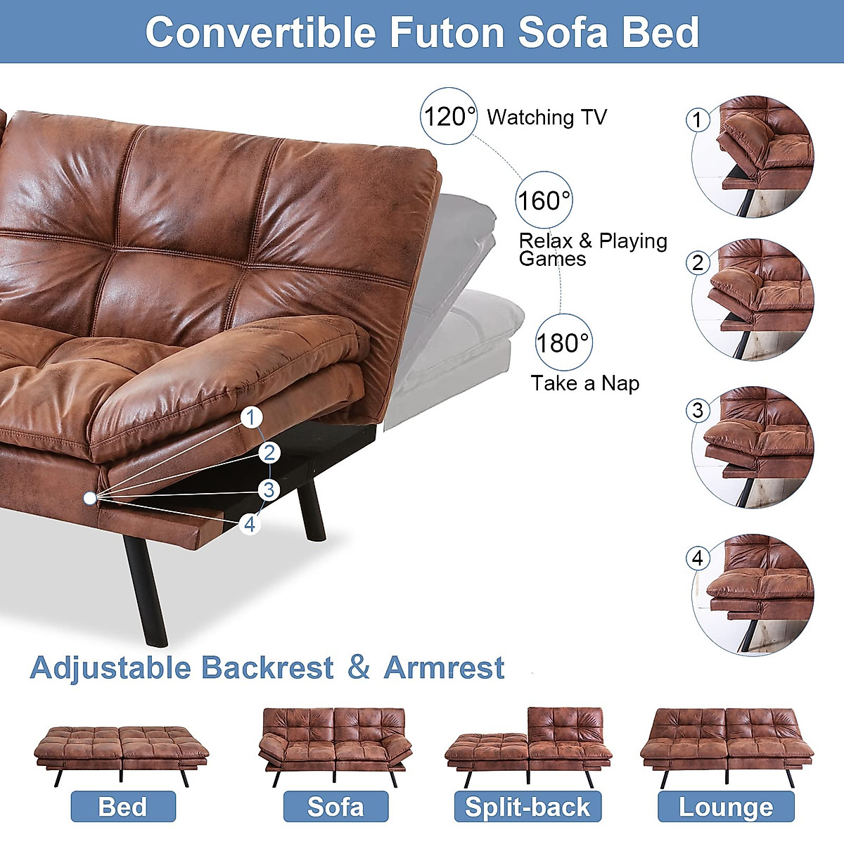 MUUEGM Futon Sofa Bed Memory Foam Futon Couch Bed Sofa Sleeper,Modern Convertible Faux Leather Futon for Living Room,Small Love seat for Apartment Office,w/Adjustable Armrests Backrest,Brown